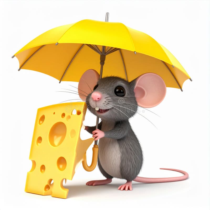 Cute Cartoon Mouse Holding Cheese Under Yellow Umbrella Stock ...