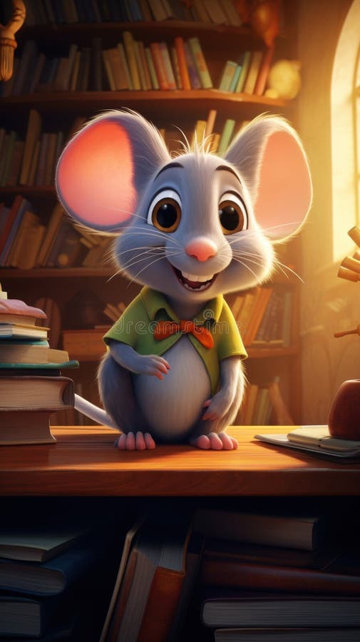 Cute Cartoon Mouse in Library with Bow Tie Smiling Stock Illustration ...