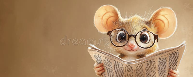 Cute Cartoon Mouse Reading Newspaper with Glasses in Whimsical Setting ...