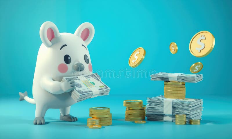 Cute Cartoon Mouse Saving Money with Stacks of Coins and Bills Stock ...