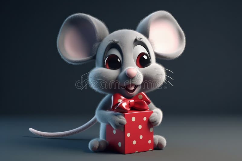Cute Cartoon Mouse with Very Big Eyes with a Big Gift Box. Generative ...