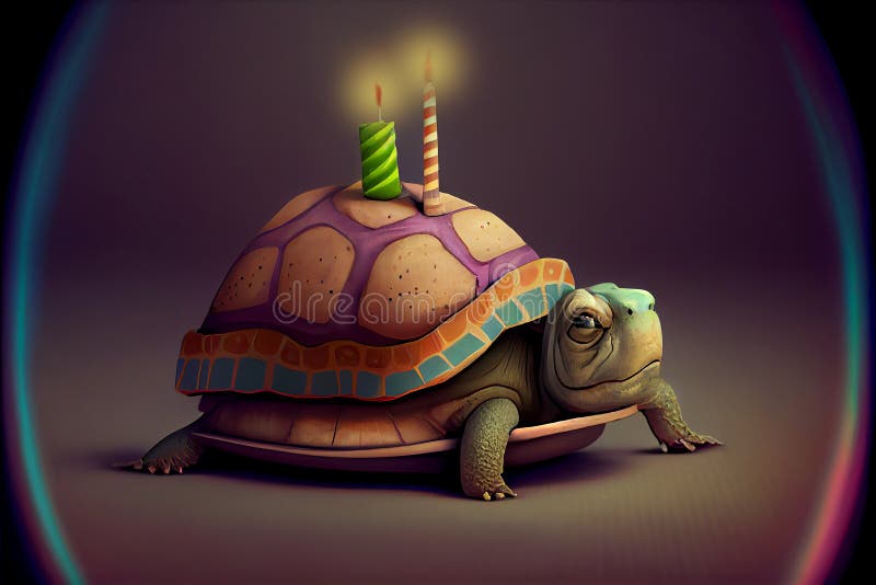 Cute Cartoon Multi-colored Old Turtle with Two Burning Candles on the ...