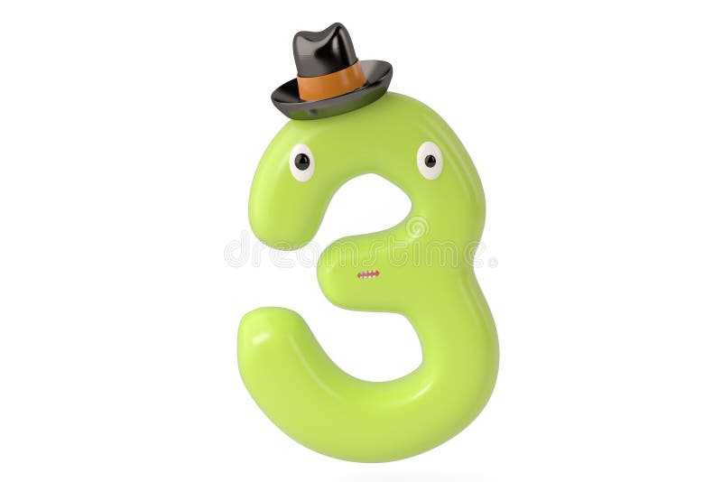 Cute Cartoon Number 3 with Hat.3D Illustration. Stock Illustration ...