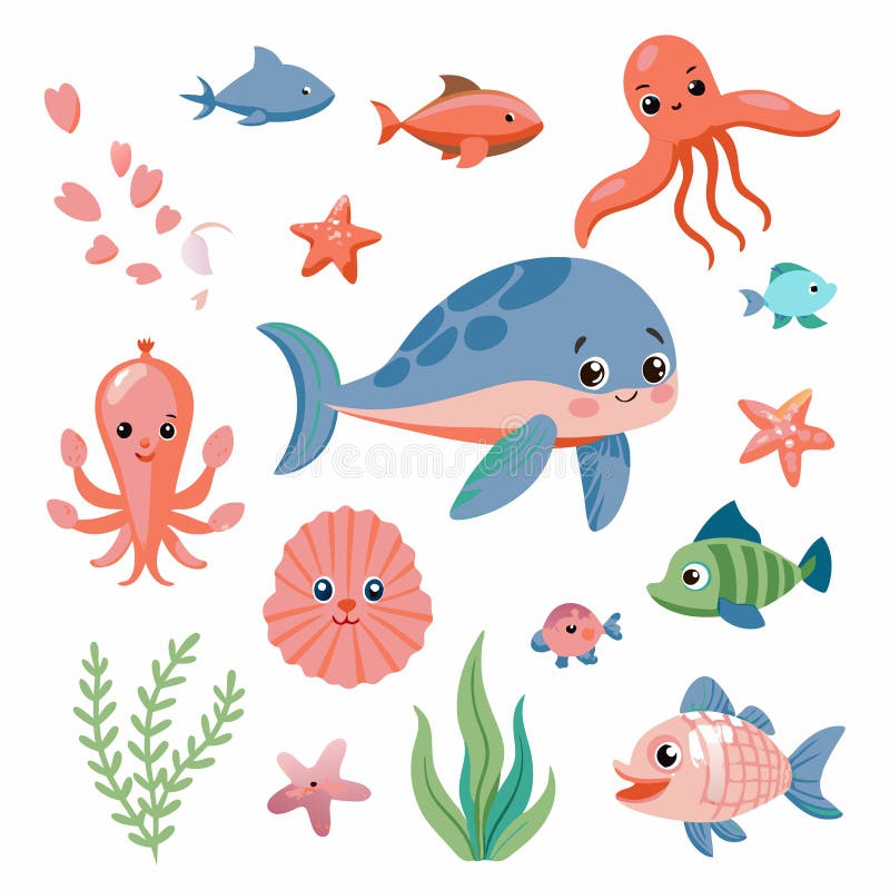 Cute Cartoon Ocean Animals and Sea Life Stock Vector - Illustration of ...