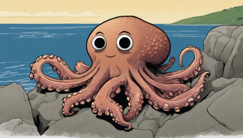 A Cute Cartoon Octopus with Googly Eyes Sitting on Rocks Stock ...