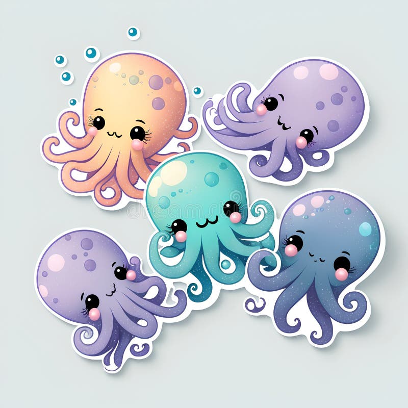 Cute Cartoon Octopus, Jellyfish and Octopus. Vector Illustration Stock ...