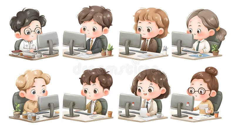Cute Cartoon Office Workers at Desks Illustration Stock Illustration ...