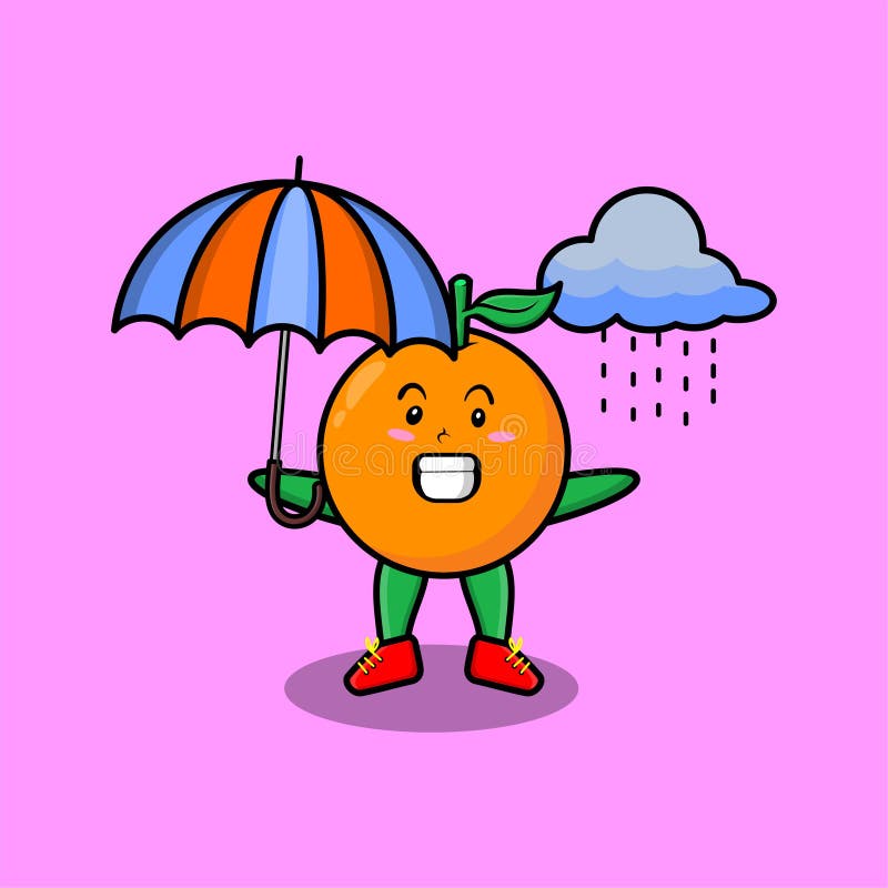 Cute Cartoon Orange in the Rain Using Umbrella Stock Vector ...