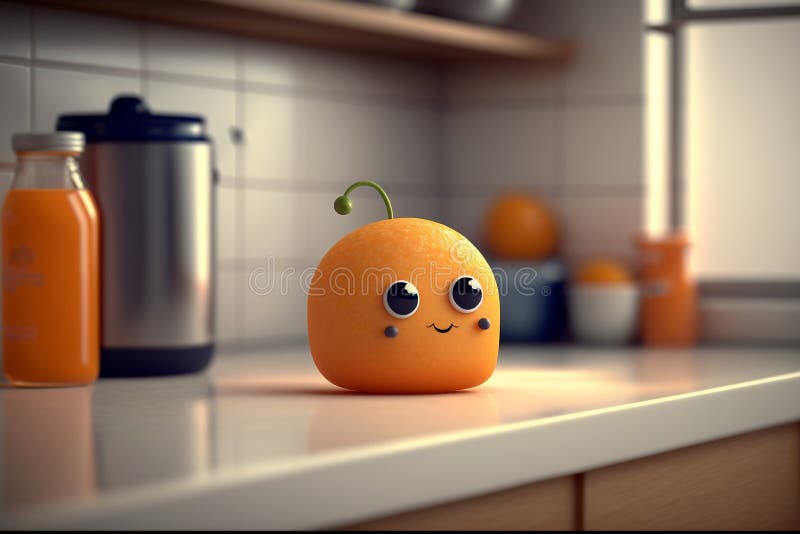 Cute Cartoon Orange Sitting on a Kitchen Counter, Generative Ai Stock ... Cute Cartoon Orange Sitting on a Kitchen Counter, Generative Ai Stock ...
