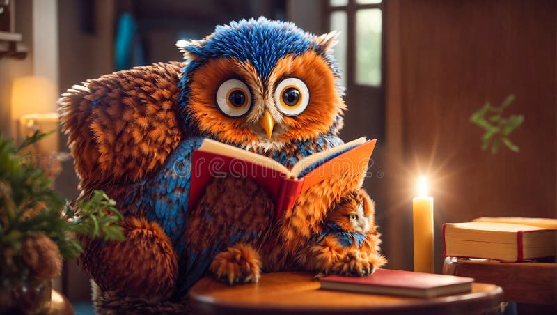 Cute Cartoon Owl with a Book Reading Stock Illustration - Illustration ...