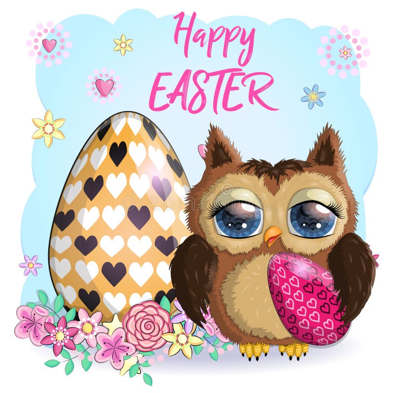 Cute Cartoon Owl with Easter Eggs, Basket, Greeting Card with Text ...