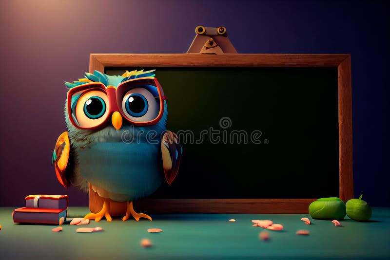 Cute Cartoon Owl in Front of a Blackboard. Generative AI Stock ...