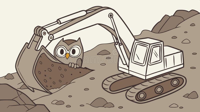 Cute Cartoon Owl Operating an Excavator Construction Teamwork Vector ...