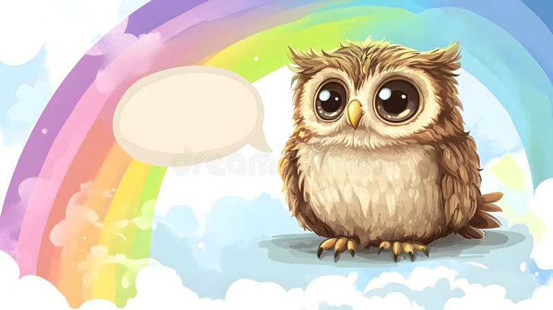 Cute Cartoon Owl with Speech Bubble and Rainbow in Cloudy Sky Stock ...