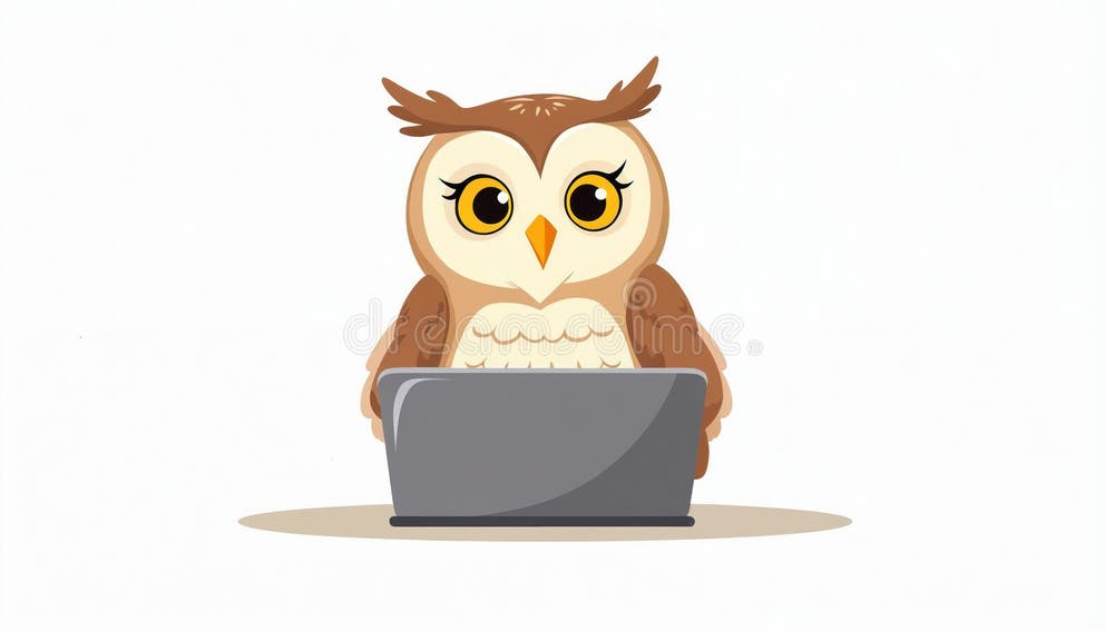 Cute Cartoon Owl Using Laptop Computer, Learning Online Via E-learning ...