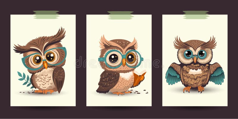 Cute Cartoon Owl Vector Card Set. Poster Learning Wisdom Reading Print ...
