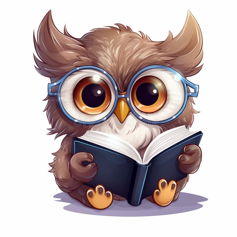 Cute Cartoon Owl Wearing Glasses and Reading a Book with Focused ...