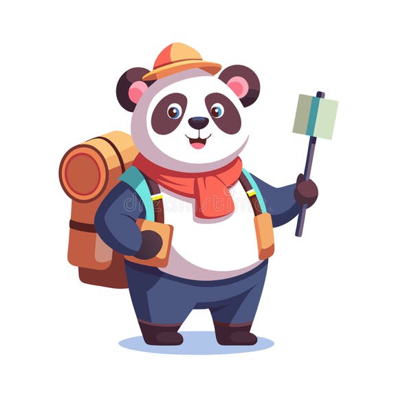 Cartoon Panda Hiking with Backpack and Guide Post, Vector Illustration ...