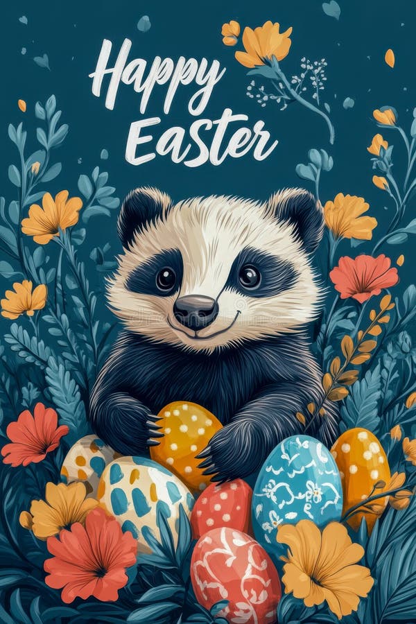 Cute Cartoon Panda with Decorated Easter Eggs Surrounded by Flowers ...