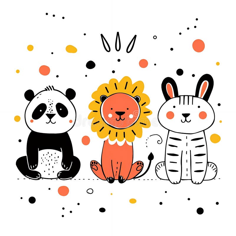 Cute Cartoon Panda Lion and Bunny Illustration Stock Illustration ...