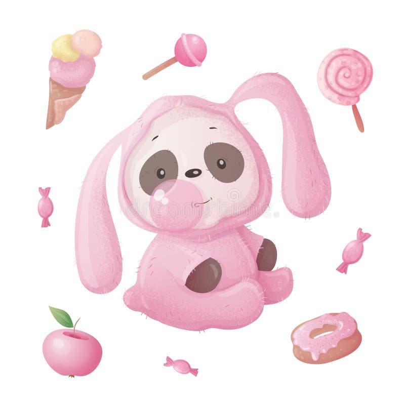 Cute Cartoon Panda in a Rabbit Costume Set with Sweets Stock Vector ...