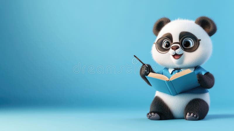 Cute Cartoon Panda Reading Book on Blue Background with Glasses Stock ...