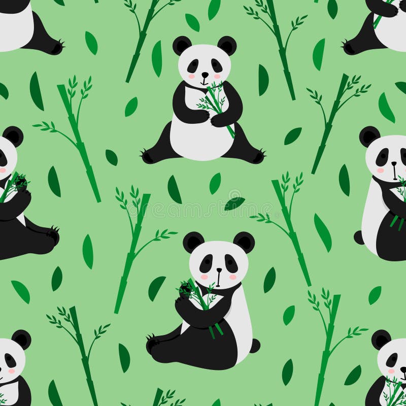 Seamless Pattern Cute Panda Bamboo Green Background Stock Illustrations ...