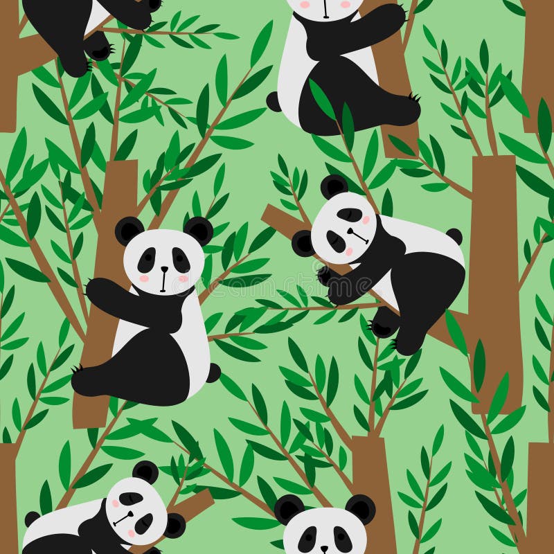Seamless Pattern Cute Panda Bamboo Green Background Stock Illustrations ...