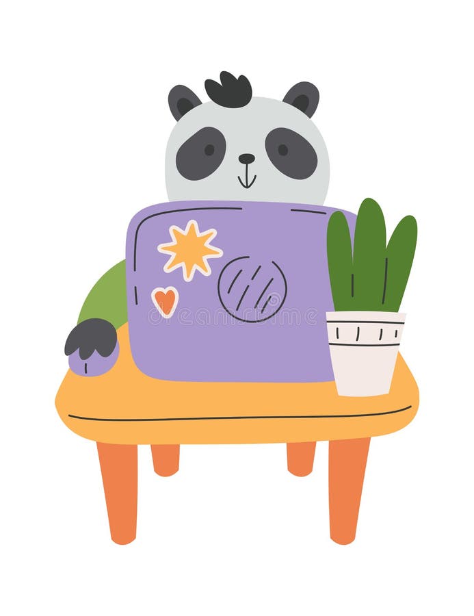 Cute Cartoon Panda Working Flat Icon School Workplace Stock Vector ...