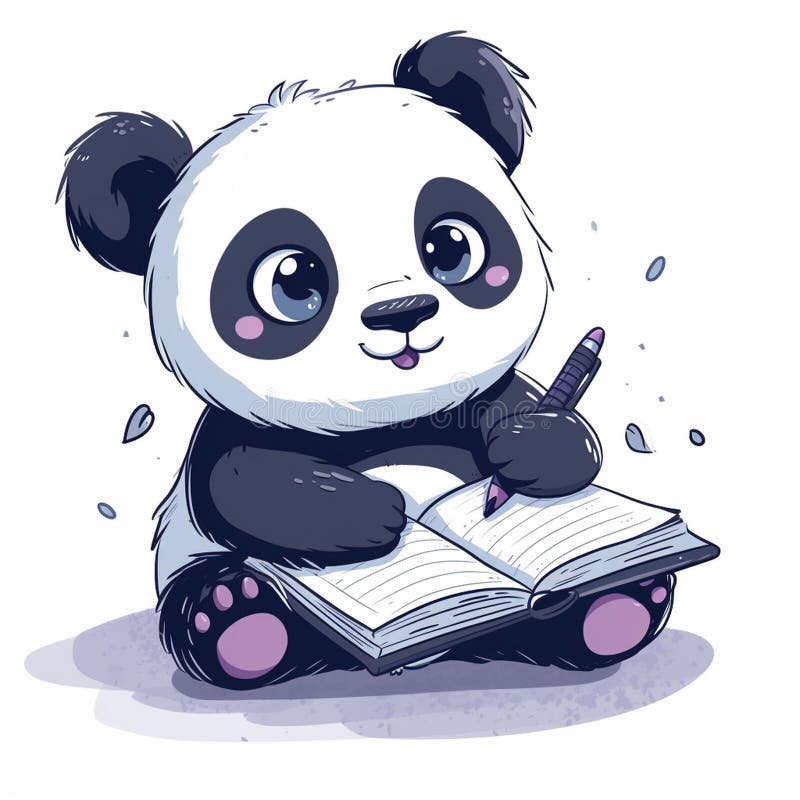 Cute Cartoon Panda Writing in a Notebook with a Purple Pencil. Stock ...