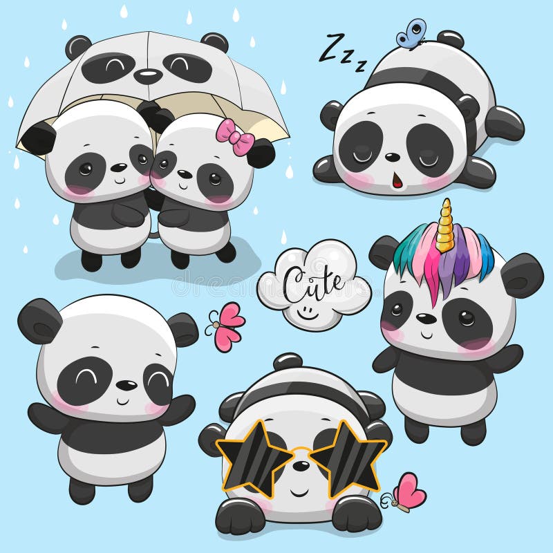 Cute Cartoon Pandas on a Blue Background Stock Vector - Illustration of ...