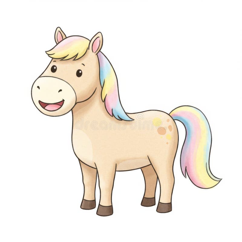Cute Cartoon Pastel Pony with Rainbow Mane and Tail Stock Illustration ...