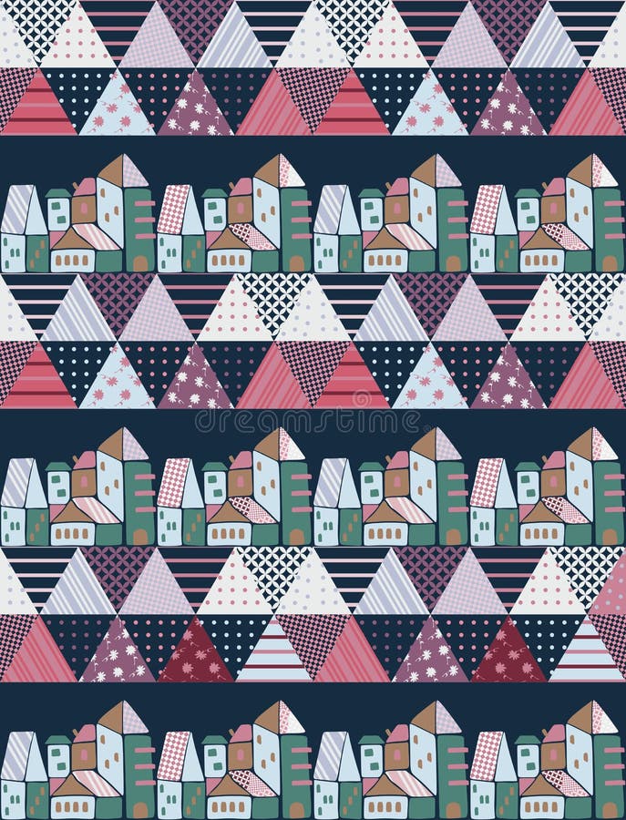 Cute Cartoon Patchwork Pattern with Stylized Town and Patches in Shape ...