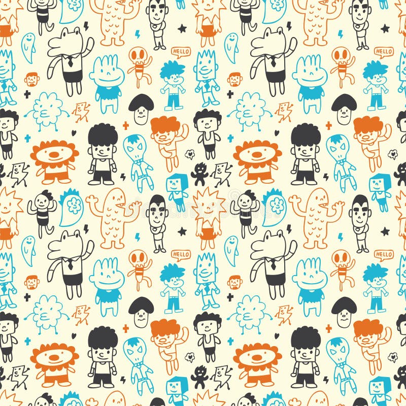 Seamless Funny Doodles Pattern Stock Vector - Illustration of drawn ...
