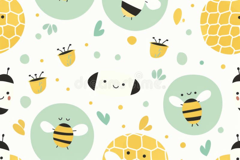 Cute Cartoon Pattern with Smiling Bees and Honeycomb, Simple Design ...