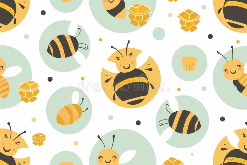 Cute Cartoon Pattern with Smiling Bees and Honeycomb, Simple Design ...