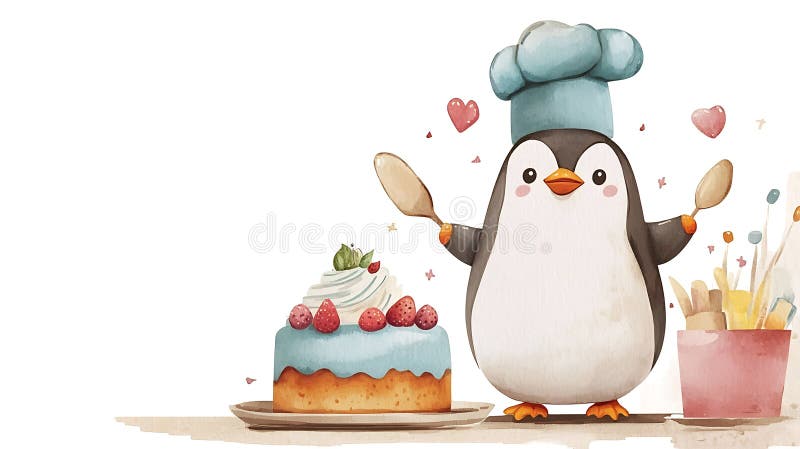 Cute Cartoon Penguin Chef Baking a Delicious Blue Raspberry Cake Stock ...