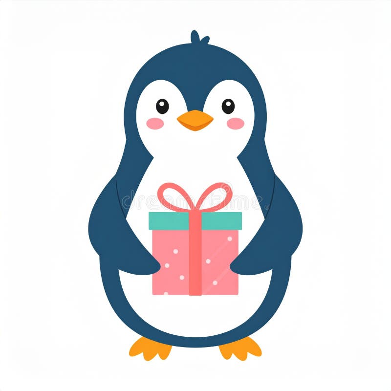 Cute Cartoon Penguin Holding Gift Box Stock Illustration - Illustration ...