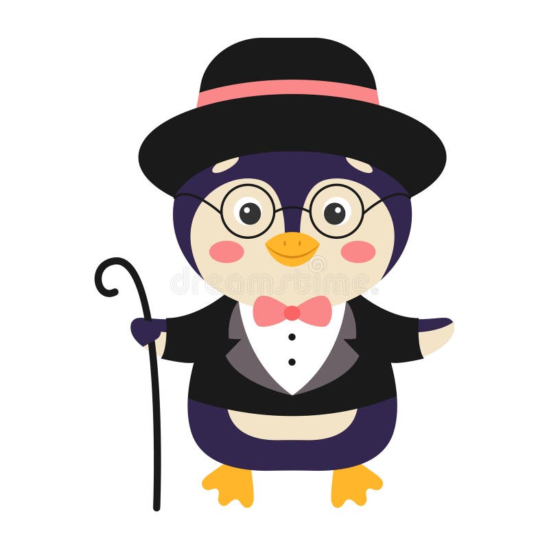 Cute Cartoon Penguin in Suit and Bow Tie with Cane. Vector Stock Vector ...