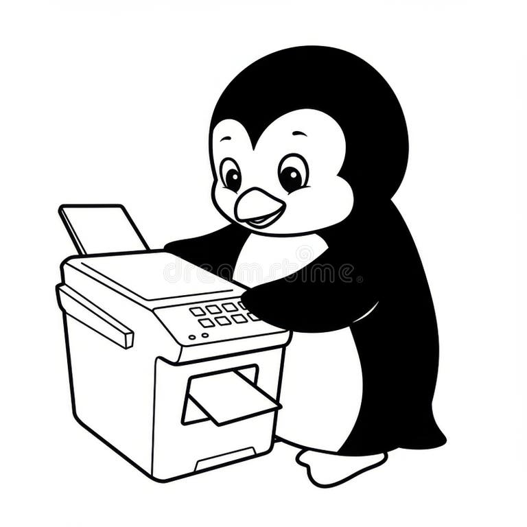 Cute Cartoon Penguin Using Office Printer Stock Illustration ...
