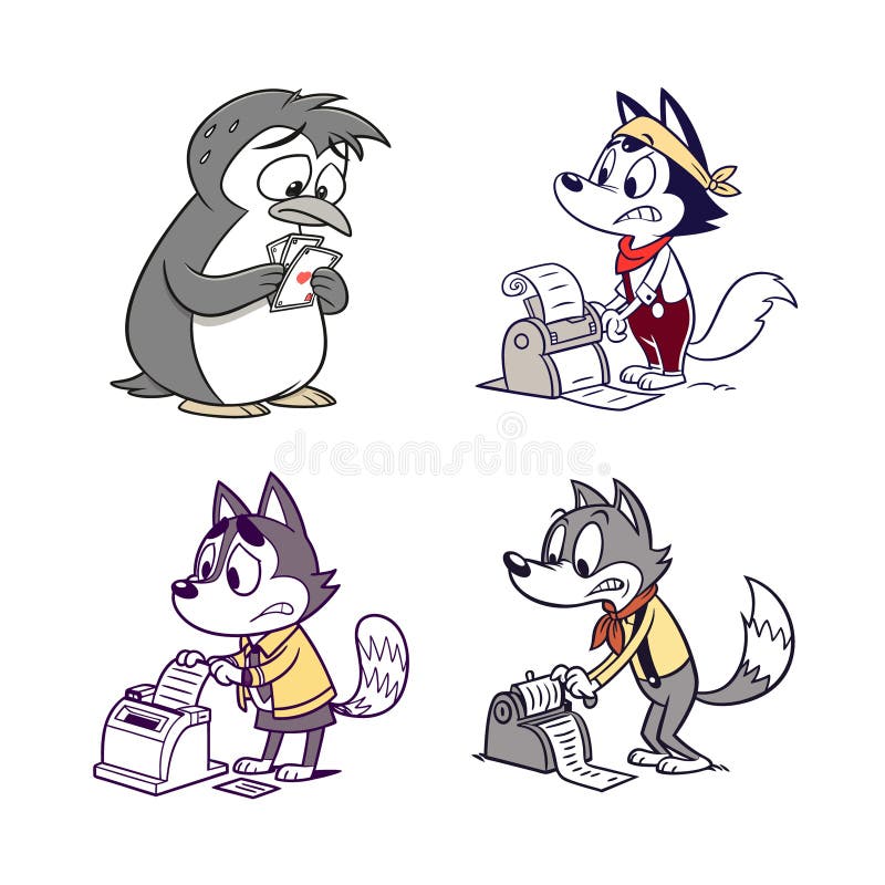 Cartoon Penguin and Wolves Using Adding Machines Stock Vector ...