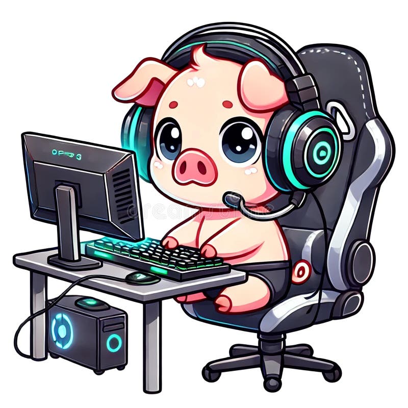 Cute Cartoon Pig Gaming with a Headset and Computer Setup Stock ...