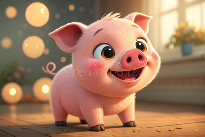 A Cute Cartoon Pig Smiles with Big Eyes and a Happy Expression, 3d ...
