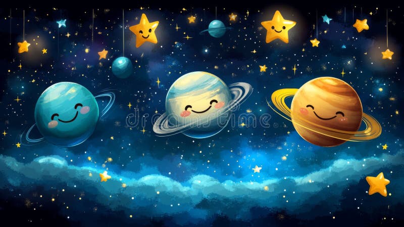 Cute Cartoon Planets and Stars in a Dark Blue Night Sky Stock ...