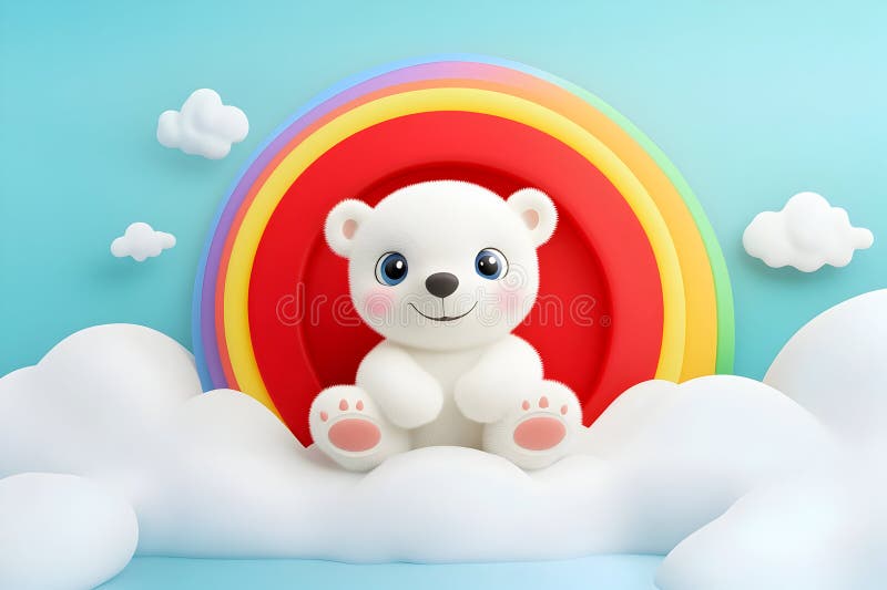 Cute Cartoon Polar Bear with Rainbow and Clouds in Whimsical Scene ...