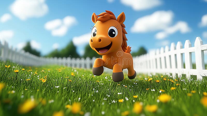 Cute Cartoon Pony Runs in a Grassy Field Stock Illustration ...