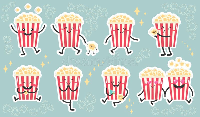Cute Cartoon Popcorn Characters Set. Funny Popcorn Buckets and Babies ...