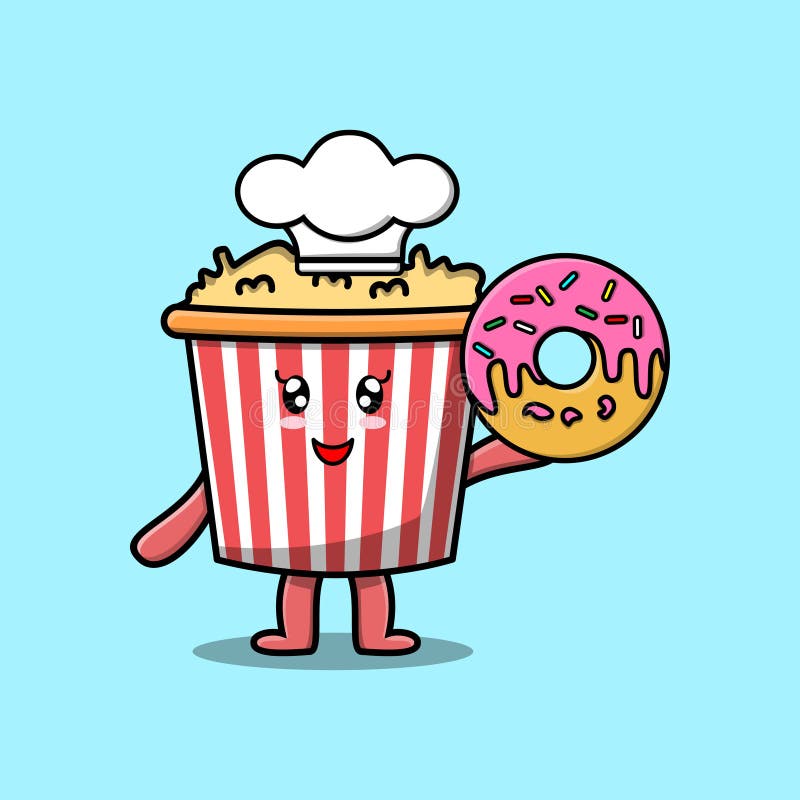 Cute Cartoon Popcorn Chef Character Donut Stock Vector - Illustration ...