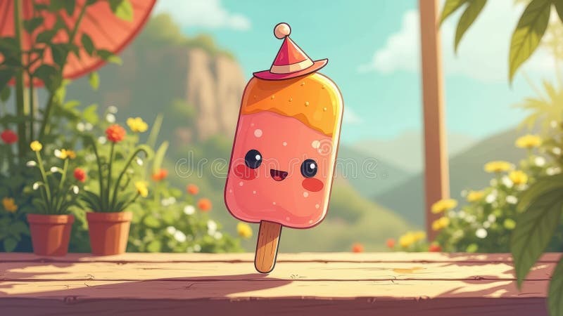Cute Cartoon Popsicle with Hat in Vibrant Garden Setting Stock ...