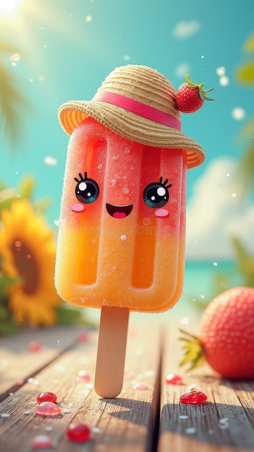 Cute Cartoon Popsicle with Straw Hat and Strawberry on Tropical Beach ...